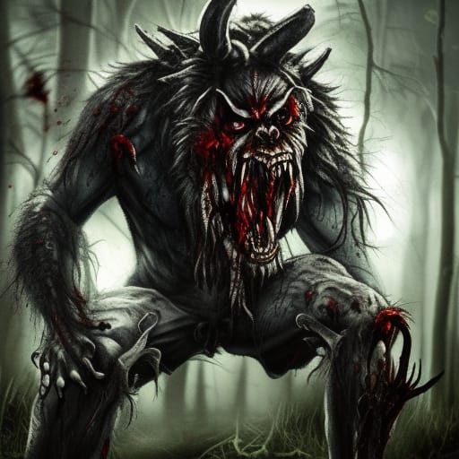 a Zombie Oni Werewolf eating an human's skull in the woods - AI ...