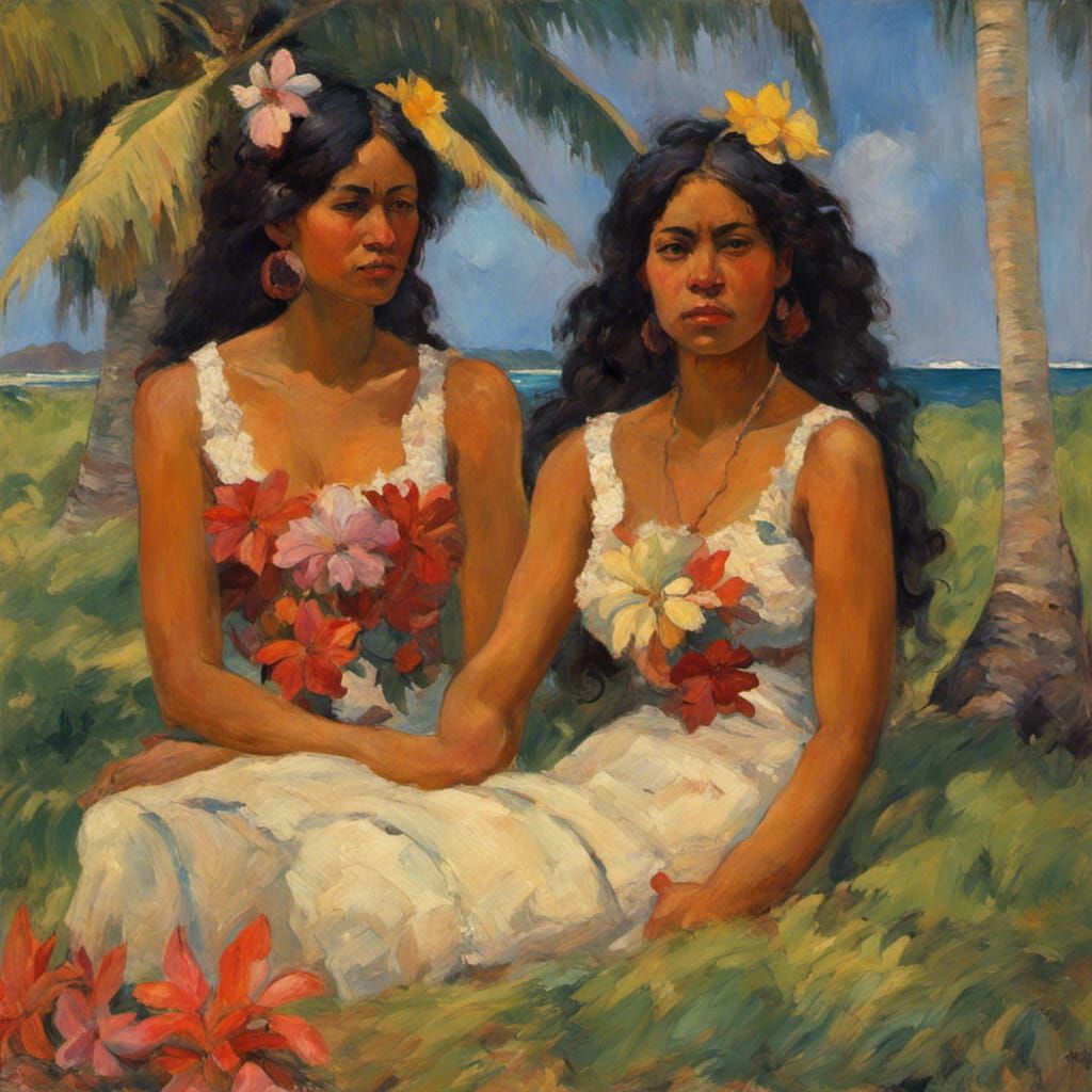 Tahitian women sitting under palm trees wearing Paul Gauguin ...