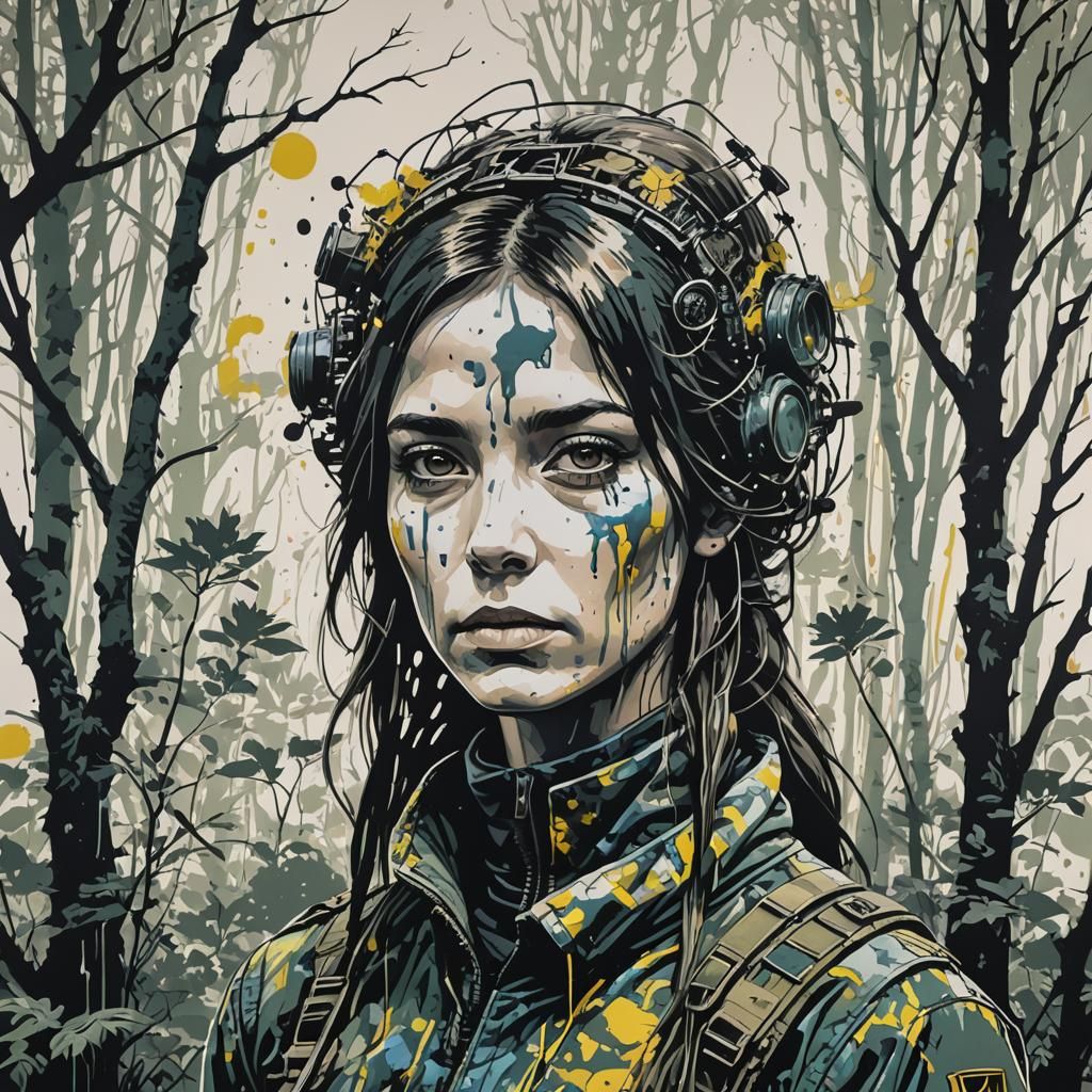 portrait: modern UKRAINIAN BIOME-elemental SOLDIERESS / drip Edo art ...