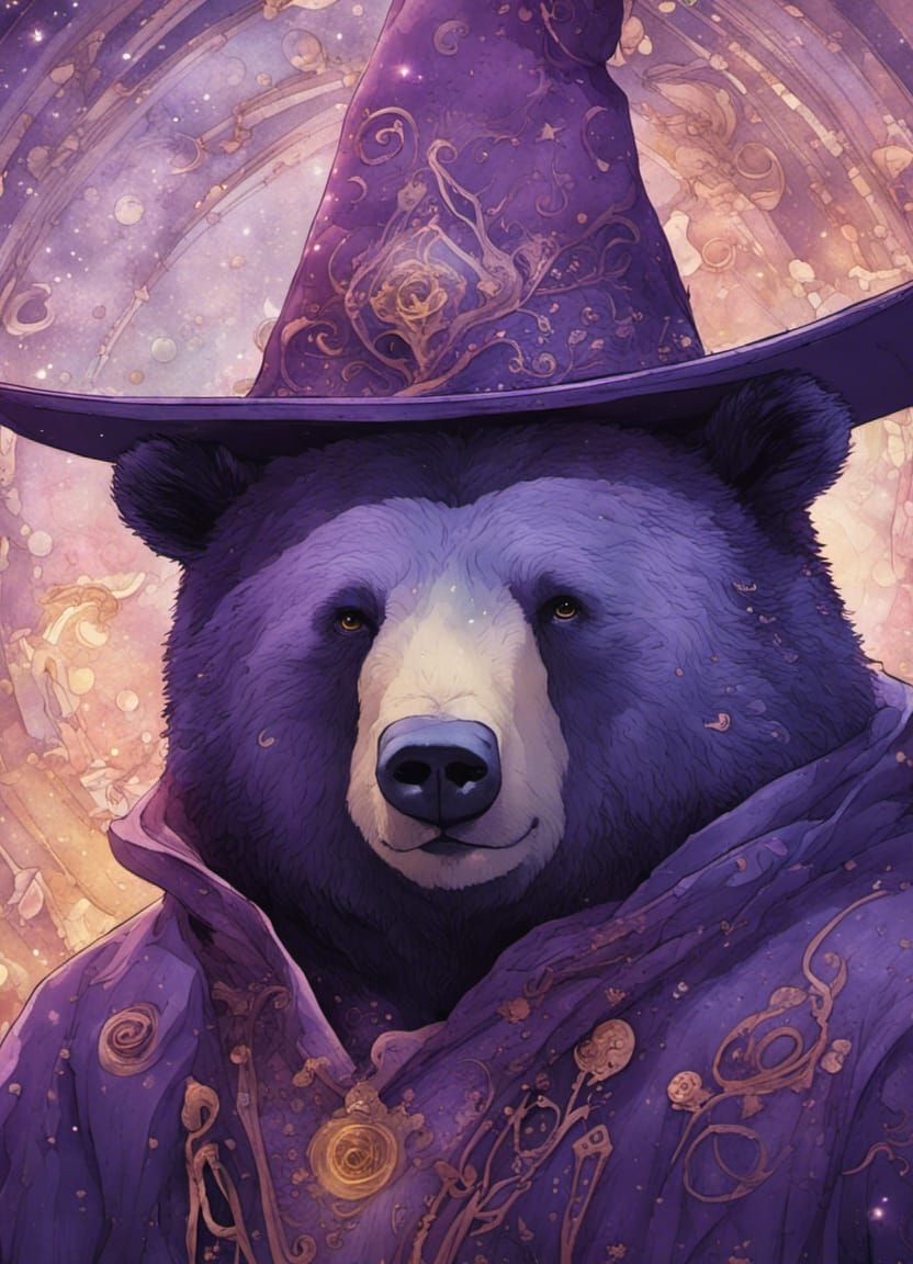 Photograph portrait of Enchanting sorcerer Obese Bear dons a fantastic ...