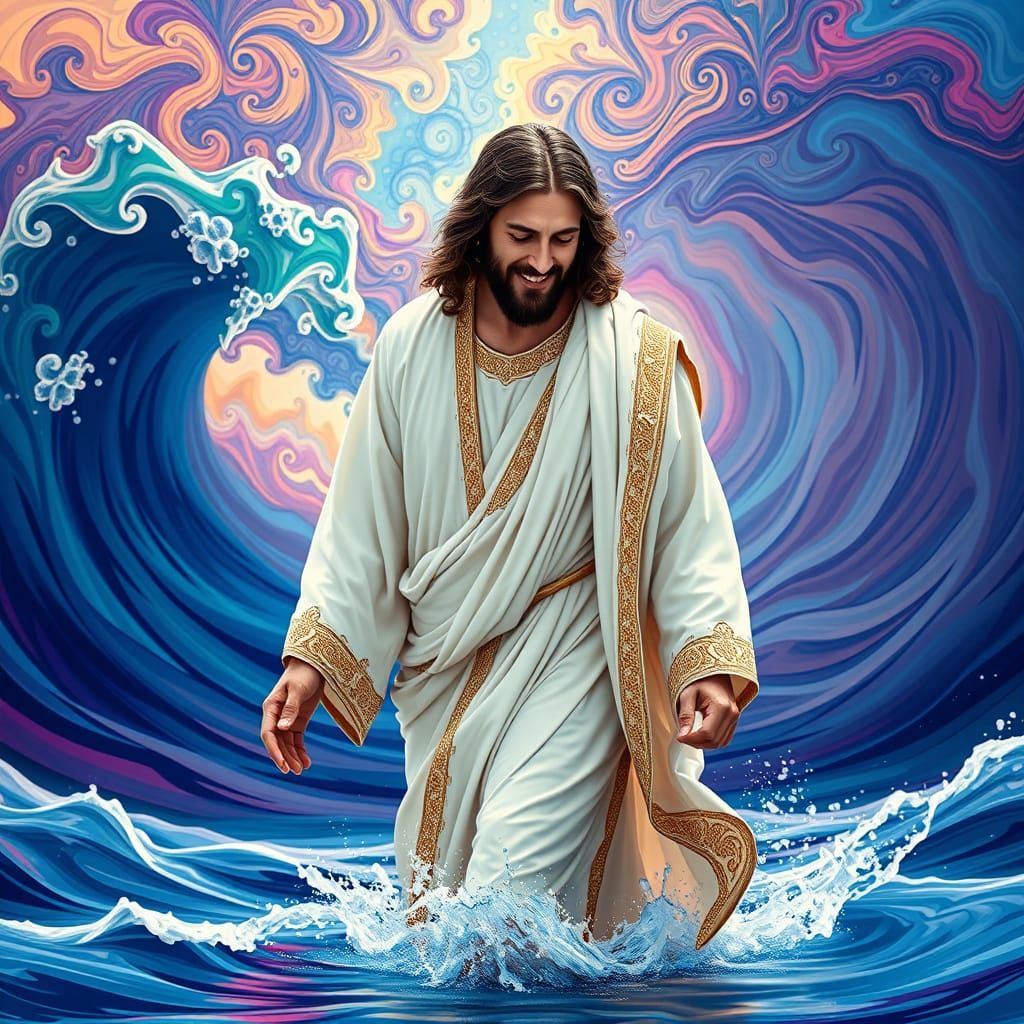 Jesus walking on water smiling, in an optical illusion.abstract vector ...