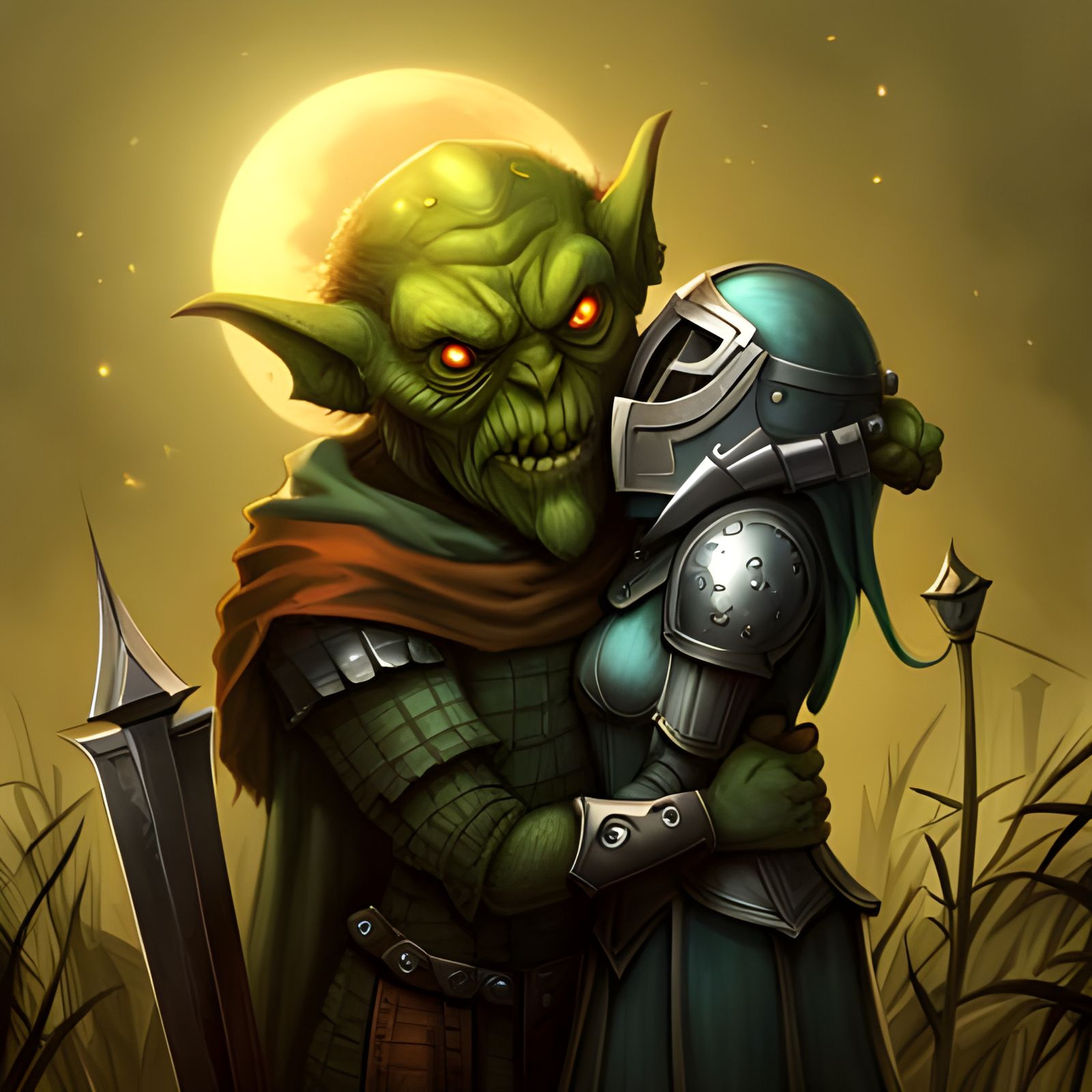 Goblin hug female knight - AI Generated Artwork - NightCafe Creator