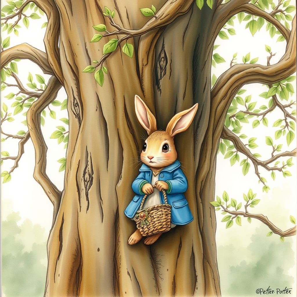peter the rabbit climbing the tree - Whimsical Rabbit Climbs...