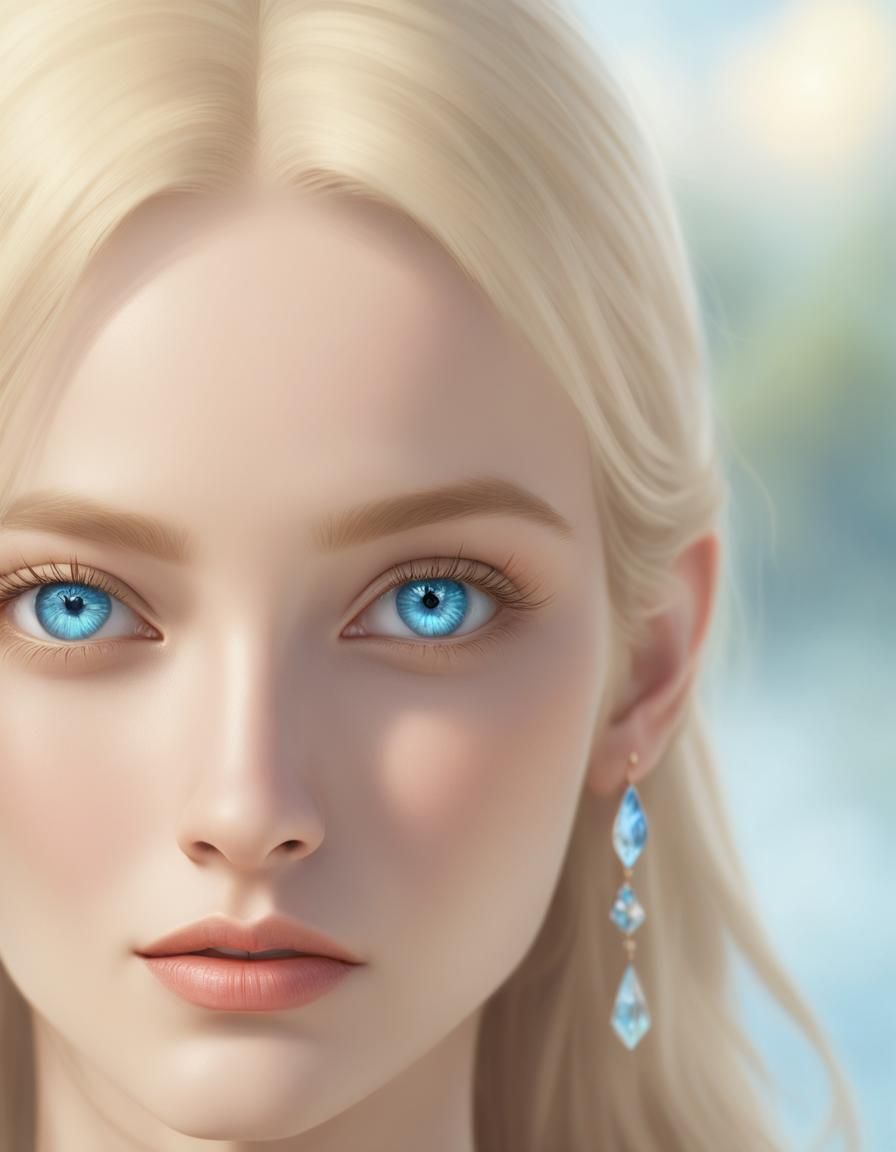 Beautiful young lady with blonde hair and crystal blue eyes and white skin& hyperdetailed ...