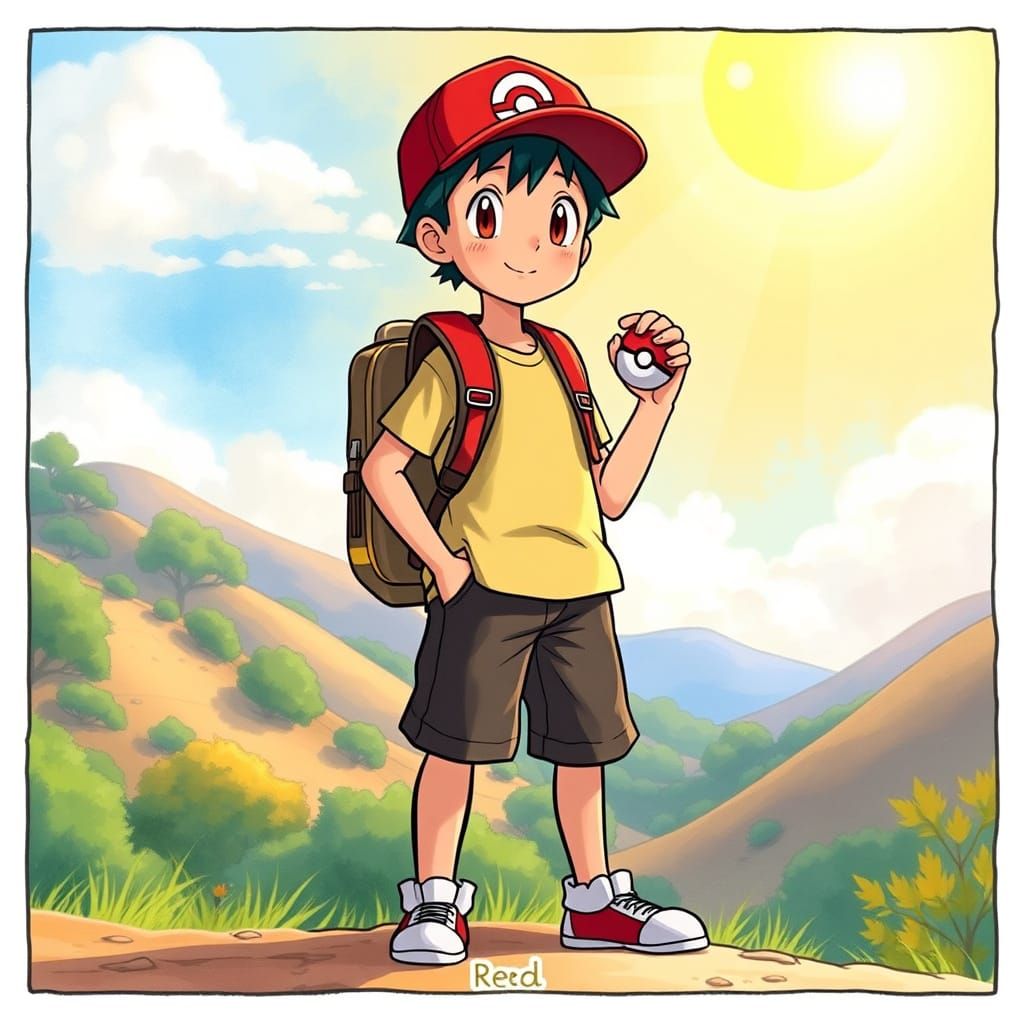 Young Pokémon Trainer Red in Whimsical Watercolor ... - AI Art