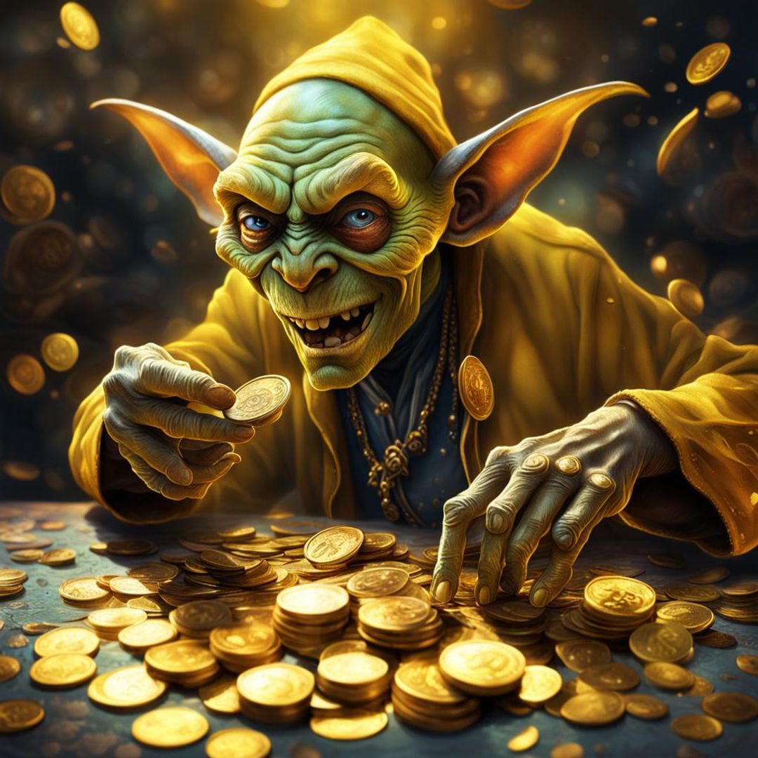 a yellow goblin counting silver and golden coins that are all around ...