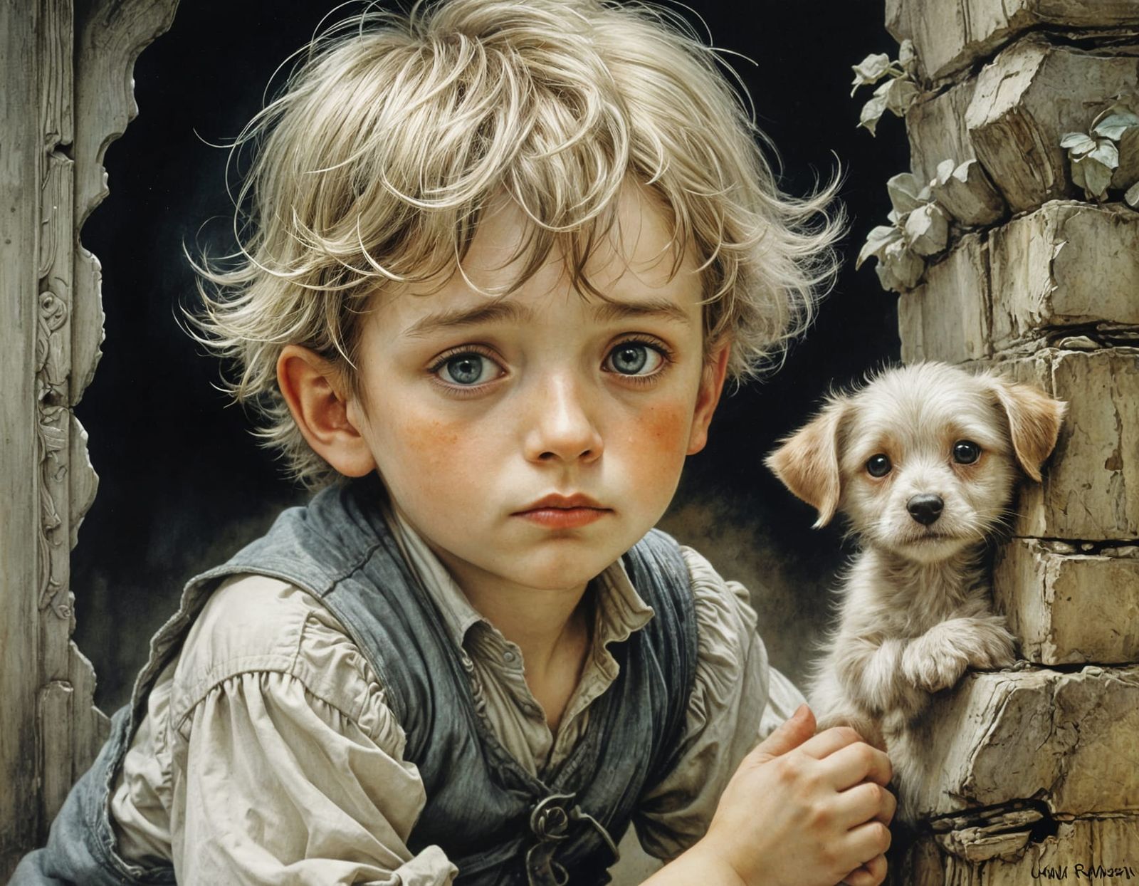 Sad Eyes - Whimsical Boy in Melancholy Mood, in the Style of...