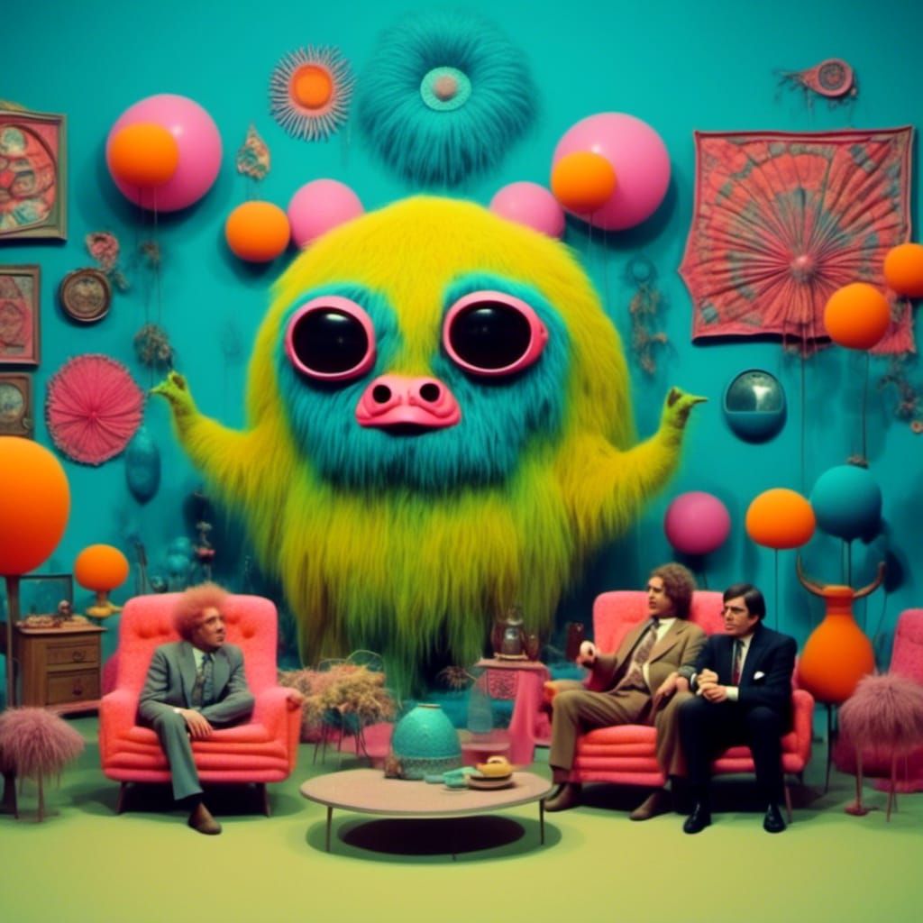 Scene from Candid Technicolor, 70's style surreal sitcom. Off the wall ...