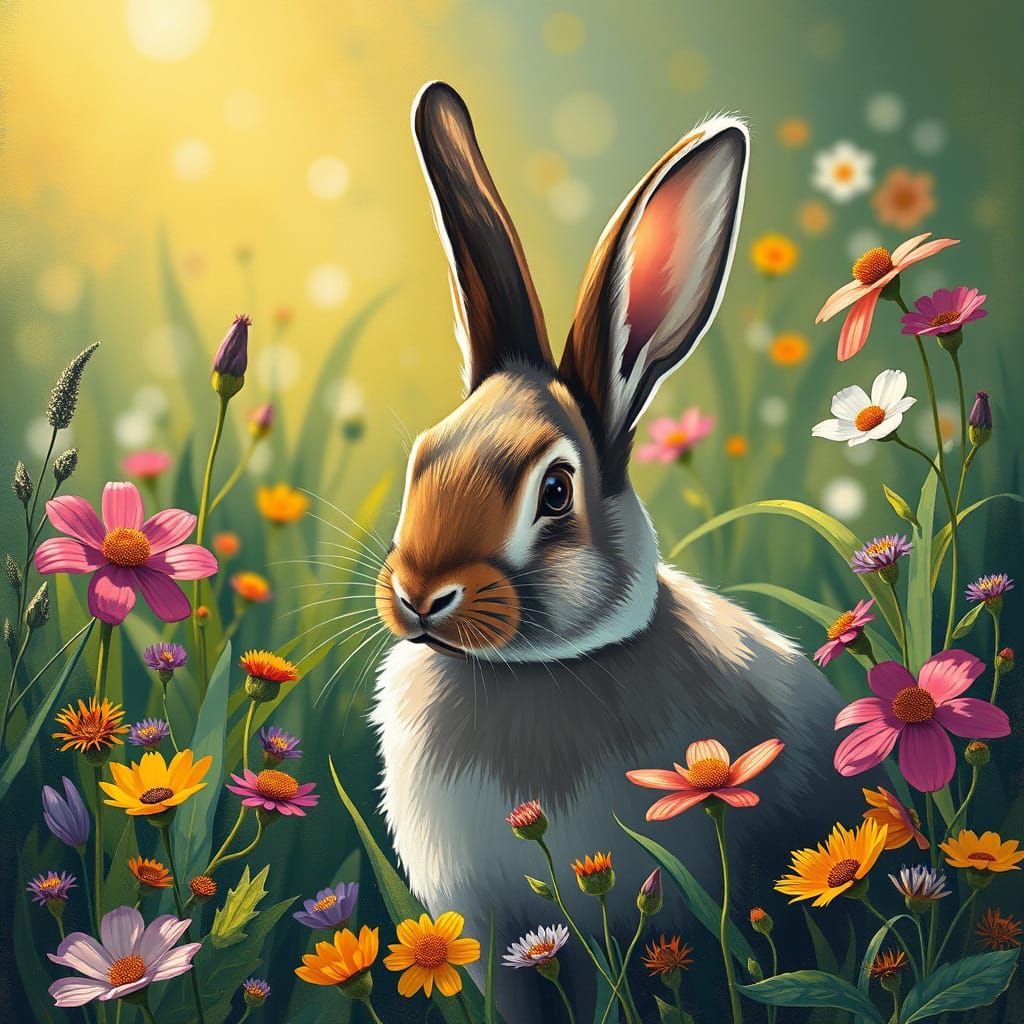 Serene Rabbit in Lush Meadow with Fractal Patterns - AI Art