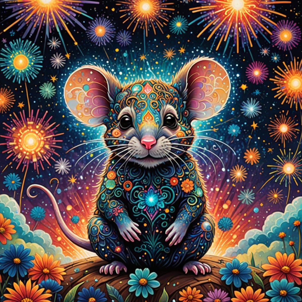 Mice - Cosmic Whimsy: Glowing Mouse Amidst Firework Vortex