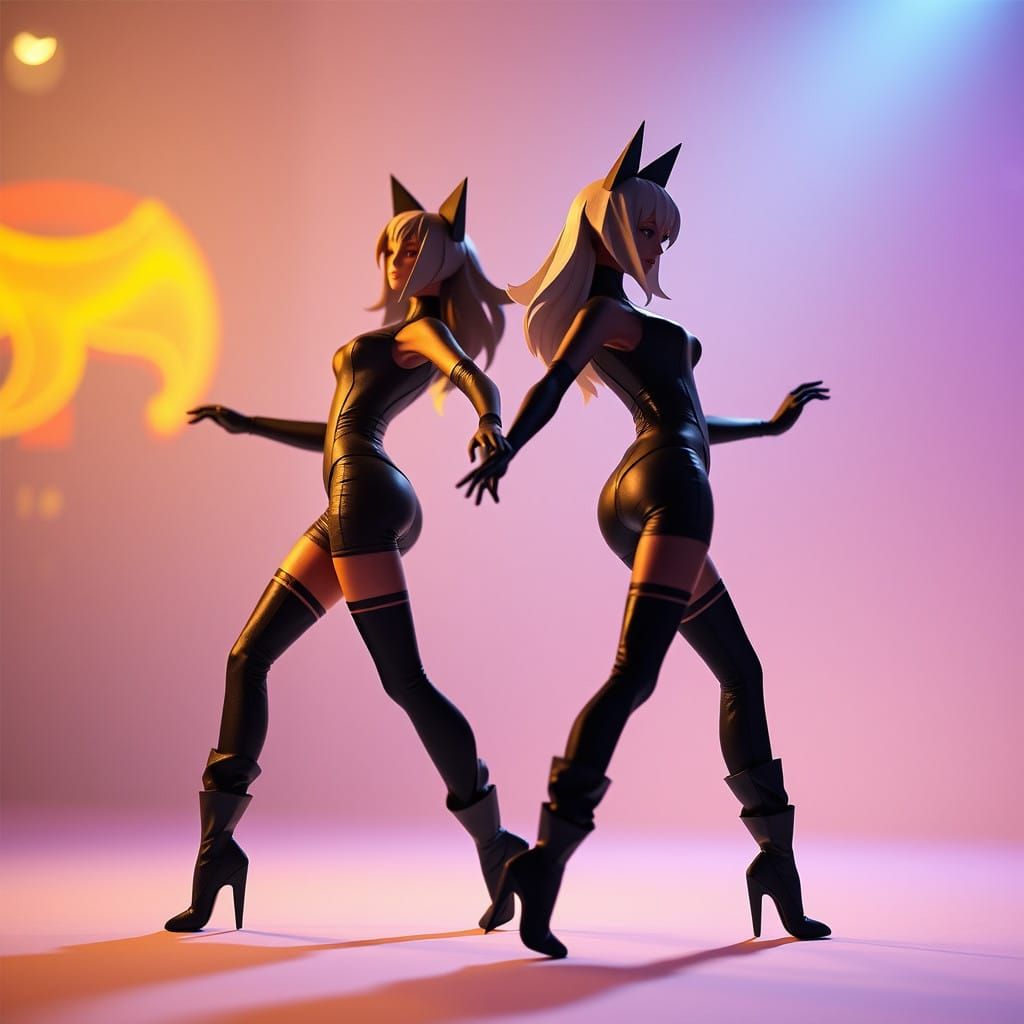 Two Catsuit girls, long legs, black torned pantyhose, Thundercat boots ...