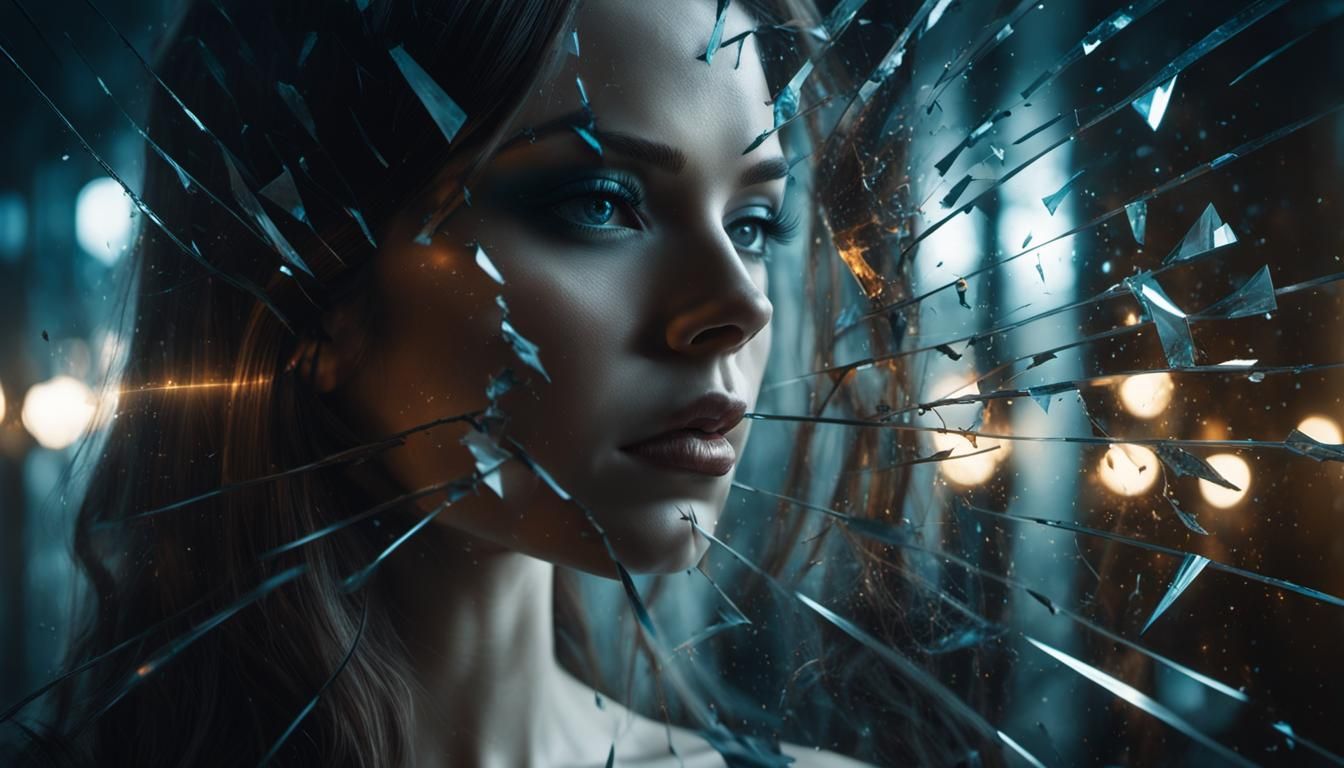 Double Exposure photo, featuring Kat, shattered mirror effect, broken ...