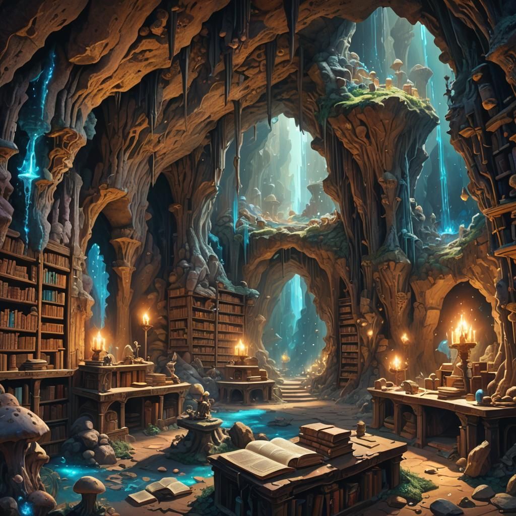 ancient library full of books and scrolls inside a cave with ...