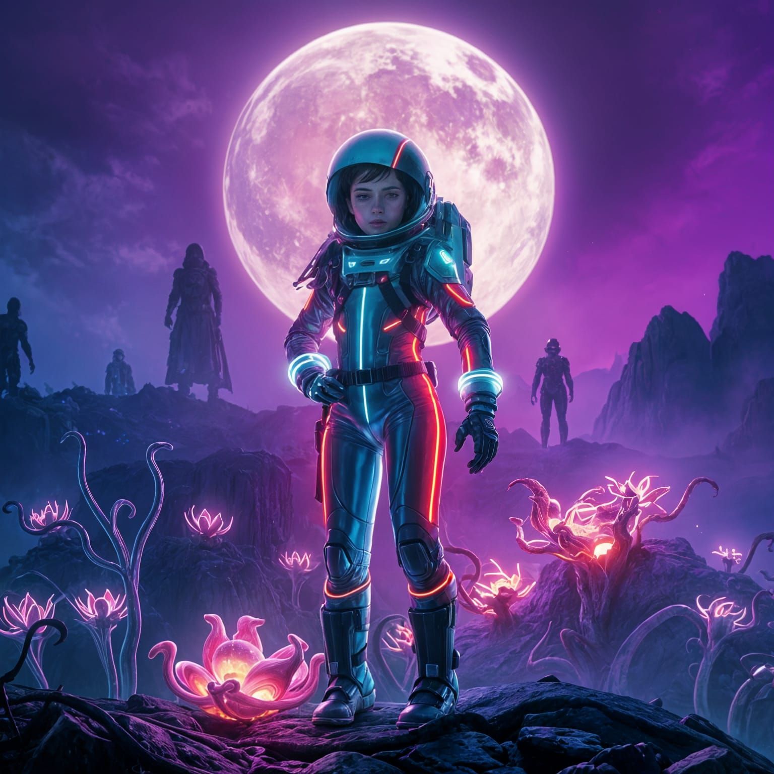 Heroic Alien Explorer in Neon-Lit Spacesuit - AI Art