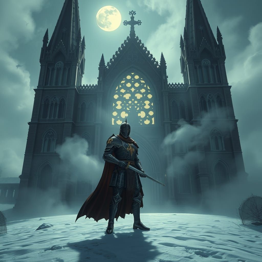 Spectral knight stands guard before a haunted cathedral, moonlight ...