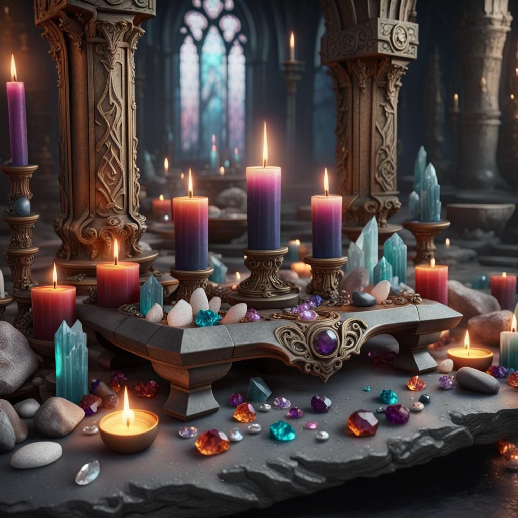 Spawn a tabletop altar with crystals, stones, and colored candles ...