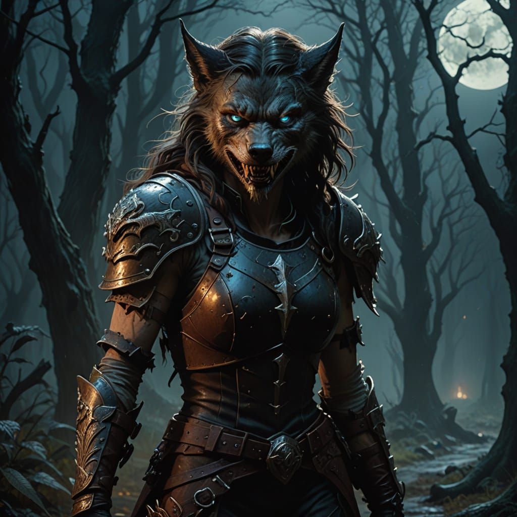 Lycan Warrior in Moonlit Forest, Leather Armor, Fi... - AI Art