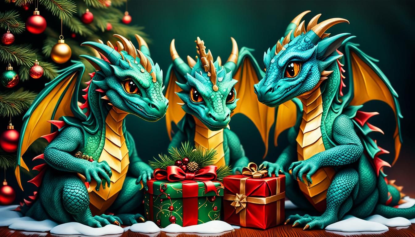 baby dragons celebrating Christmas under the tree, abstract art ...