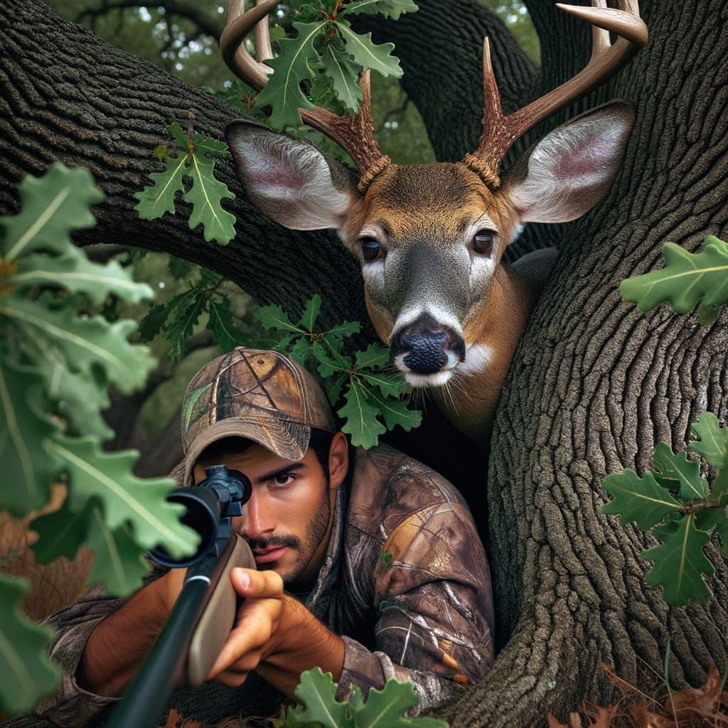Whitetail Deer in Oak Tree Ambush in Hunting Scene - AI Art