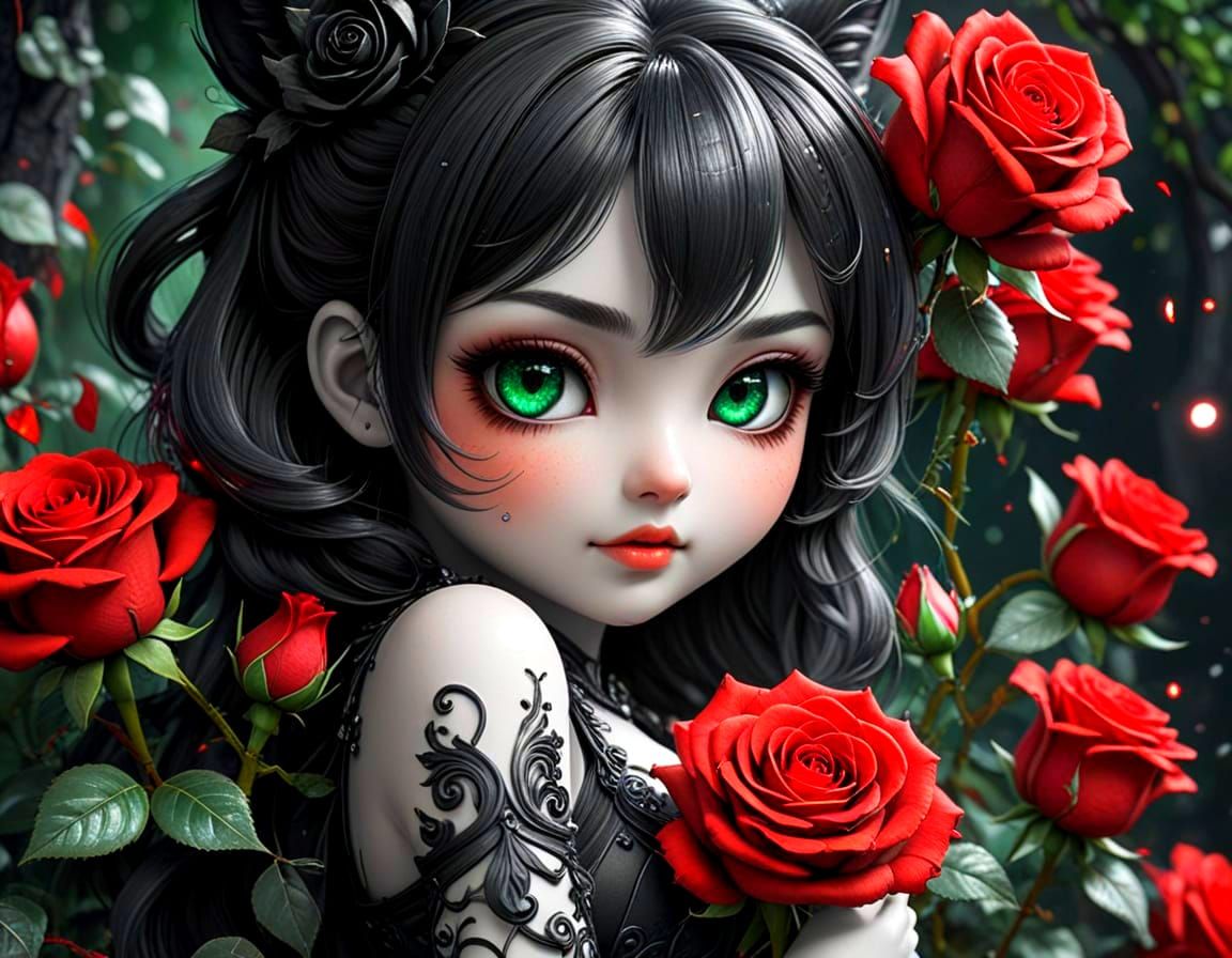 Cute Kawaii Kitten - Chibi Kawaii Woman with Roses in Graphi...