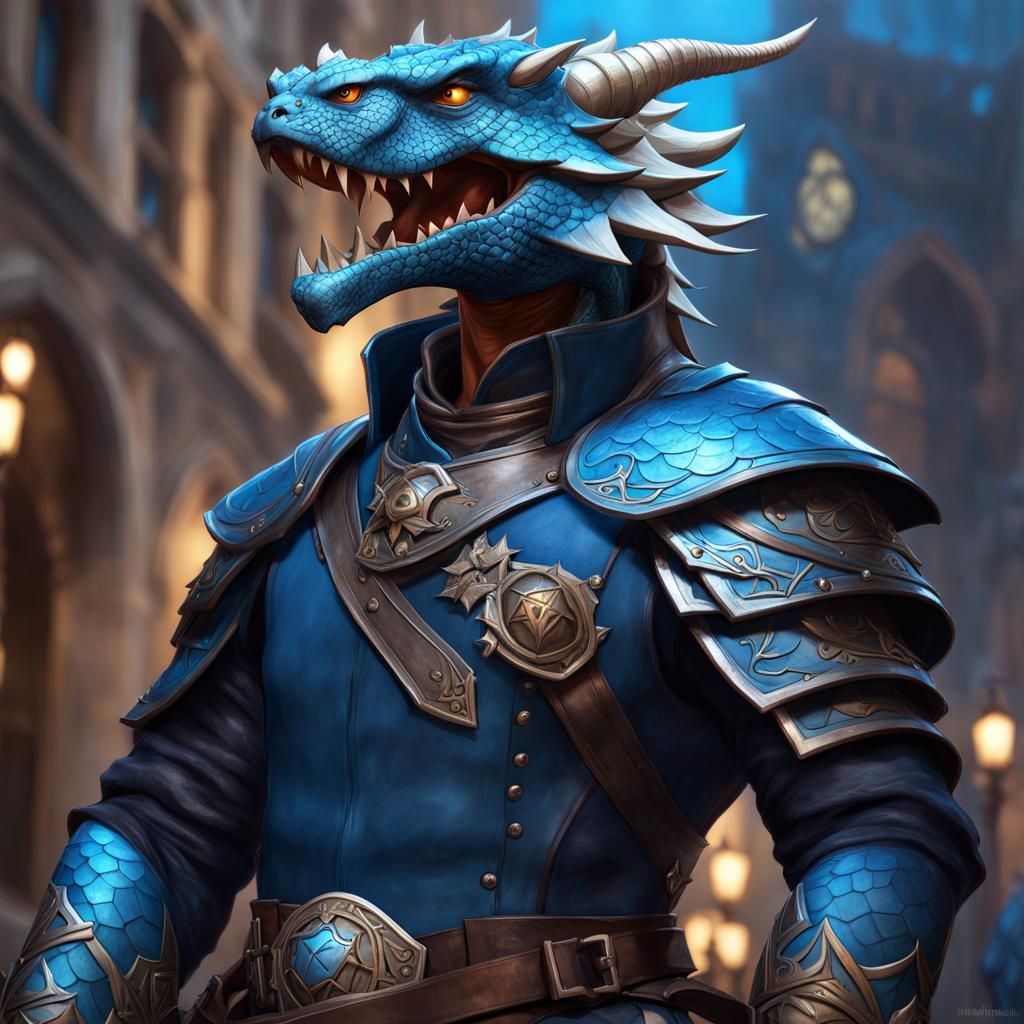 blue scaled Dragonborn from Dungeons and Dragons, wearing leather shirt ...