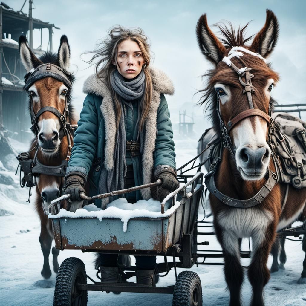 Close-up Portrait of a post-apocalyptic winter. Raggedy woman is riding ...