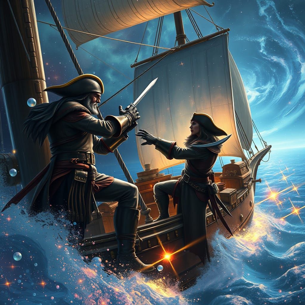 A stunning hyperrealistic portrait of two space pirates locked in an ...