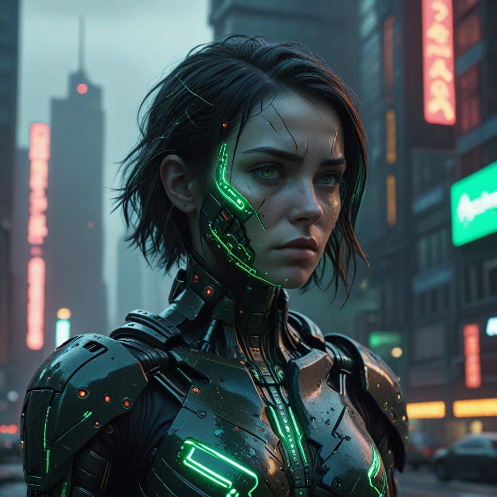 A Cybernetic Girl in Jet-Black Armor Stands Alone ... - AI Art