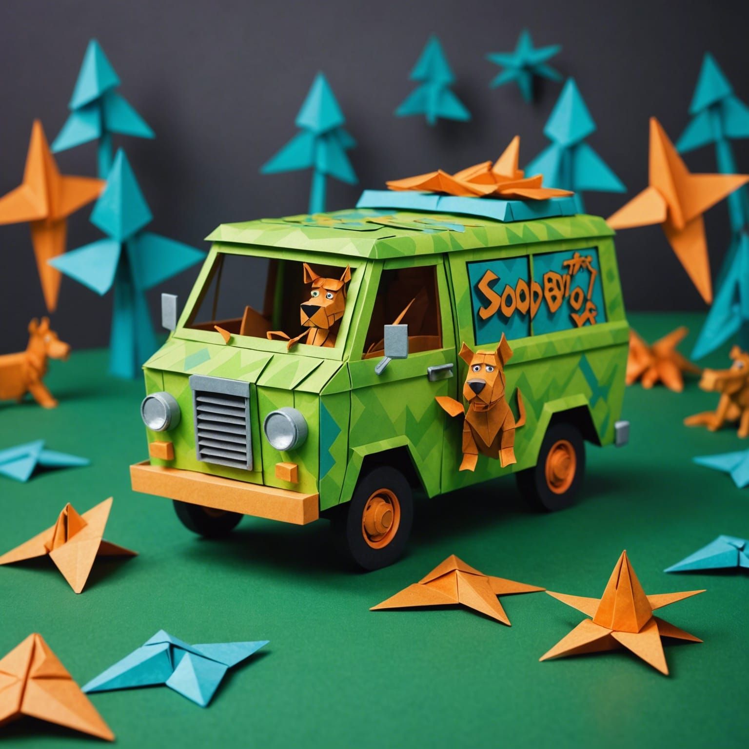 Origami Scooby Doo riding in mystery machine with Shaggy Origami paper ...