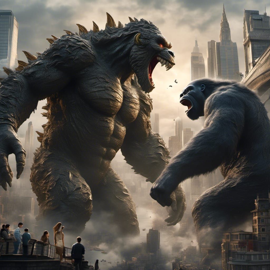 a battle between godzilla and king kong, extremely detailed, hyper ...