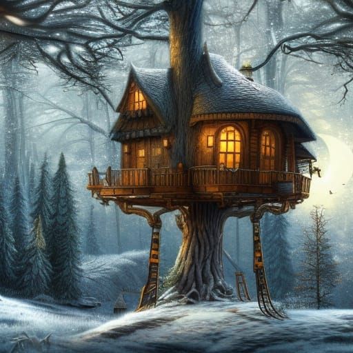 Winter Treehouse - AI Generated Artwork - NightCafe Creator