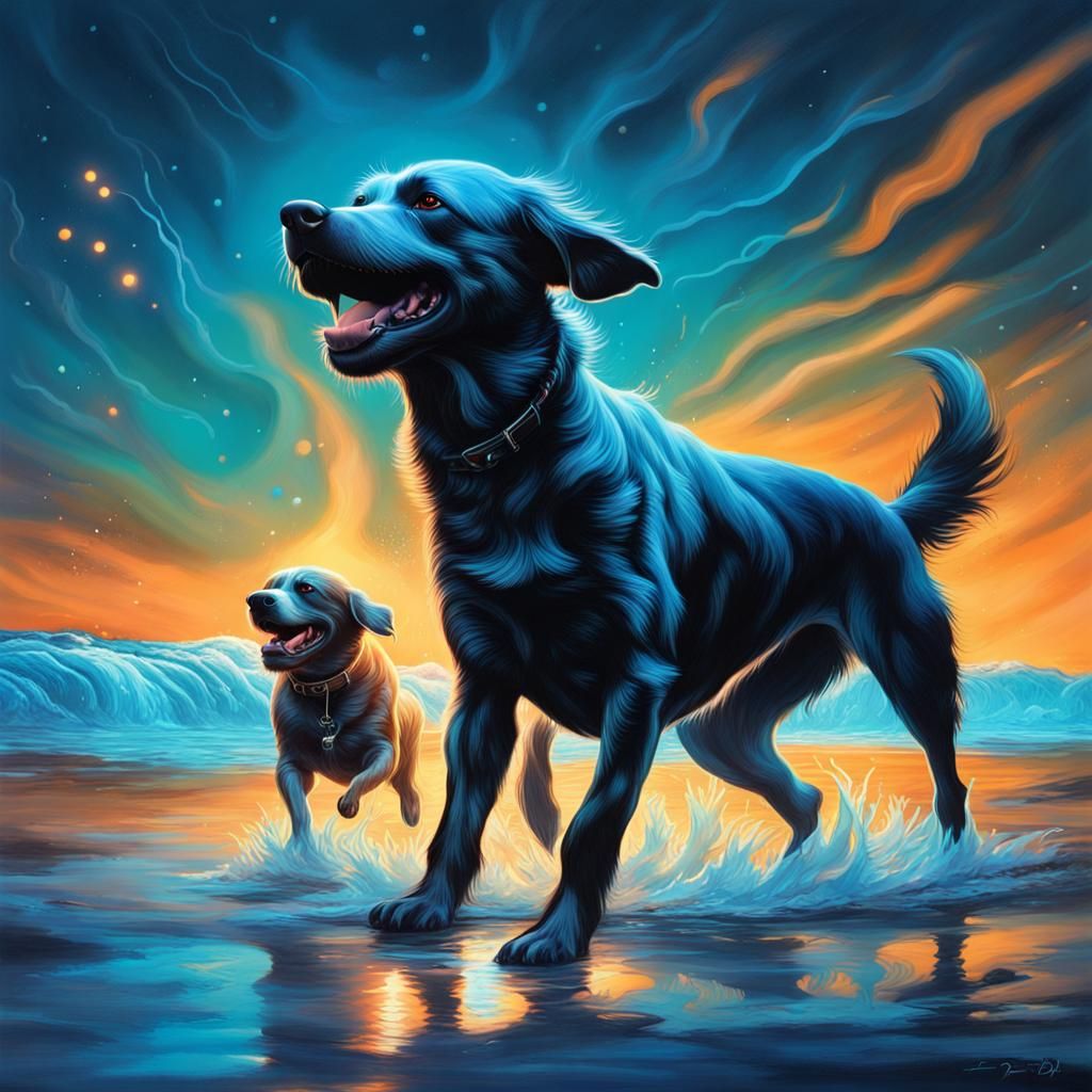 Dogs frolicking in a bioluminescence beach at night