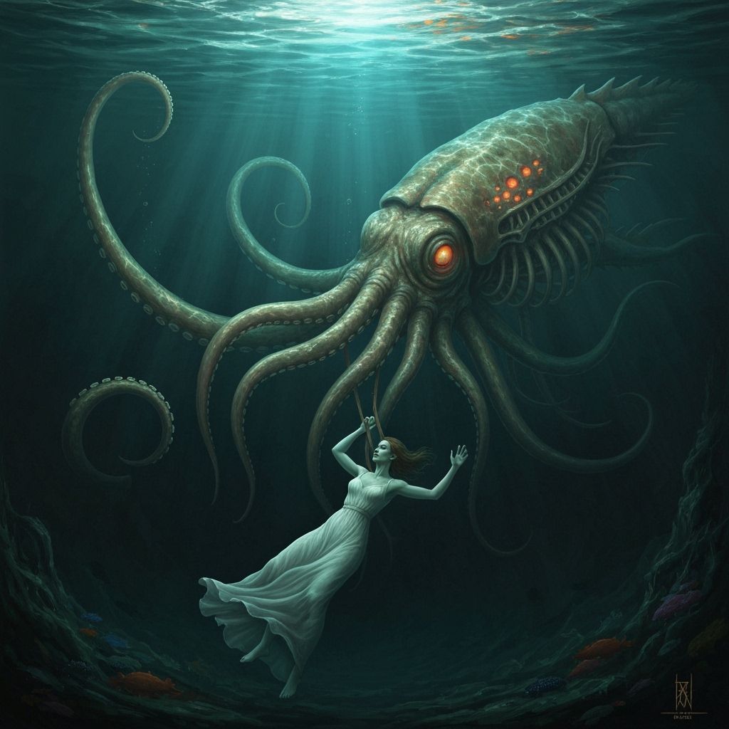 Gigantic Kraken Drags Woman Underwater in Giger St... - AI Art