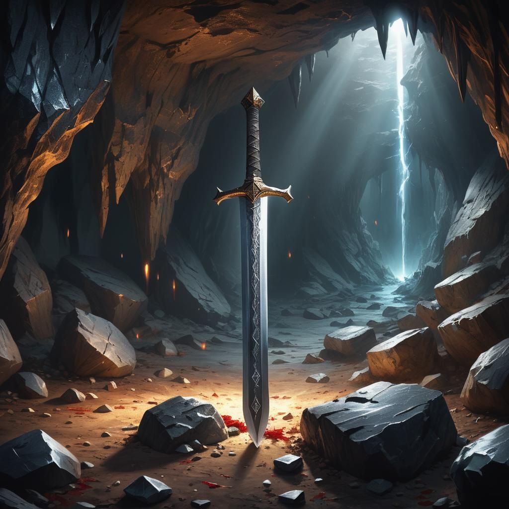 Mythical sword stucked in middle of cave, the outer part shinning, the ...