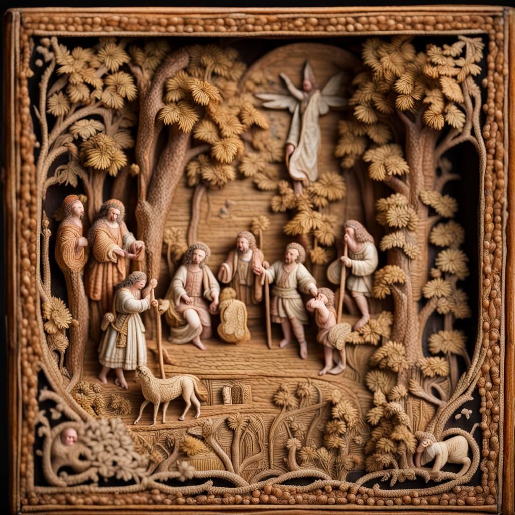 A highly detailed 17th century stumpwork box showing Biblical scenes ...
