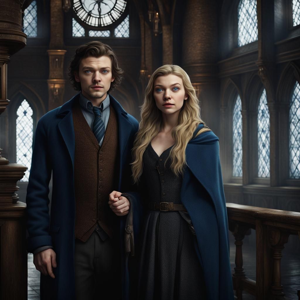 Natalie dormer and Alex Høg Andersen in the clocktower in Hogwarts - AI Generated Artwork ...