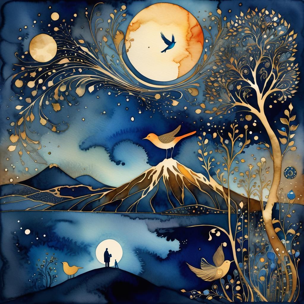 Bird Mountain - Whimsical Watercolor Scene of Birds on a Mou...