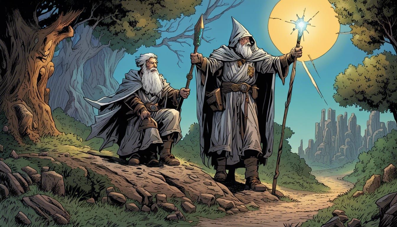 A knight meets an old wizard sitting on a rock on a dirt path, the ...