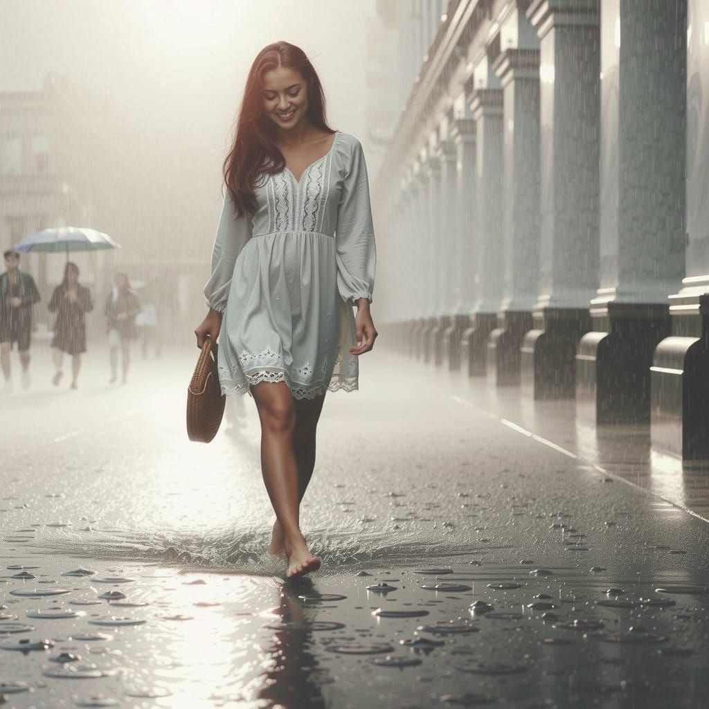 Wet young woman walks barefooted in the rain smiling, puddles of water, reflections, fog and ...