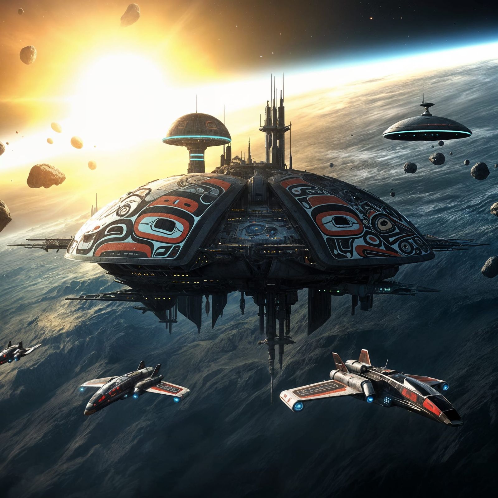 A nicely lit sprawling, futuristic Haida Nation space station sprawls across the rugged inner ...