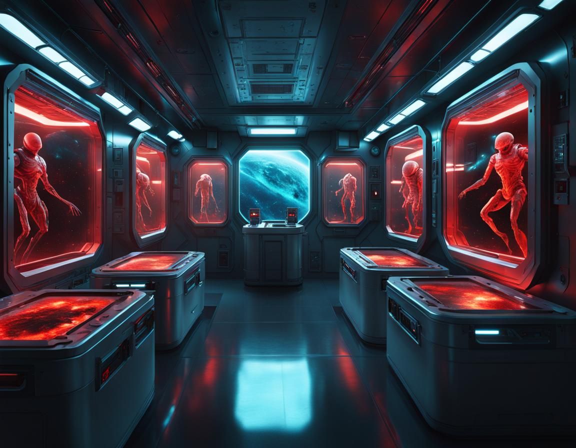 Human bodies suspended in red glowing bioluminescence_fluid in glass ...