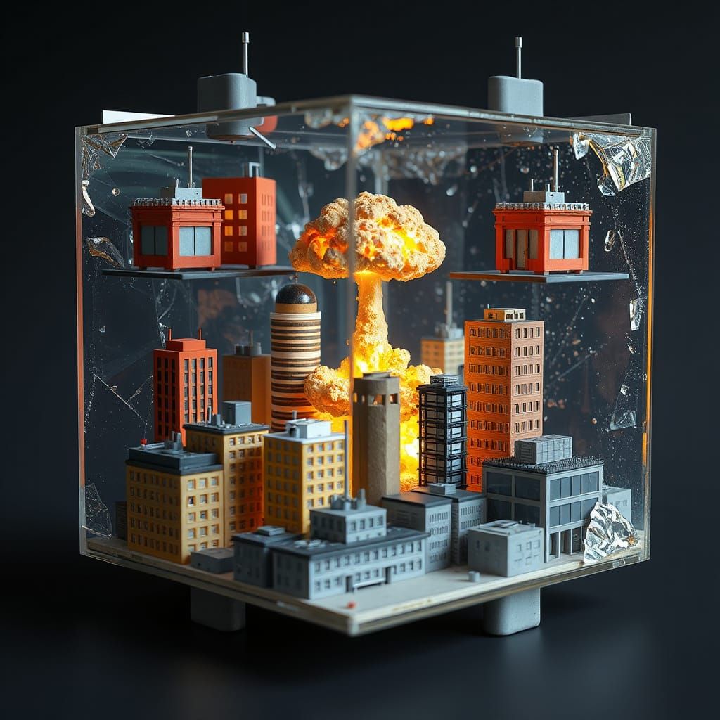 A micro world exists inside a cube shaped diorama. Micro buildings are ...