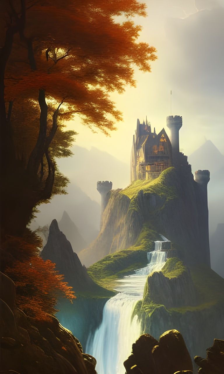 Romanticism landscape painting portraying a castle built on top of a ...