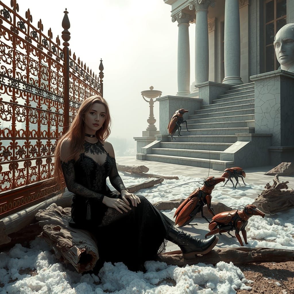 Goth Fashion Model Surrounded by Steampunk Insects... - AI Art