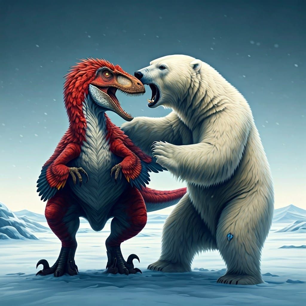 Crimson Utahraptor Engages Fierce Battle with Pola... - AI Art