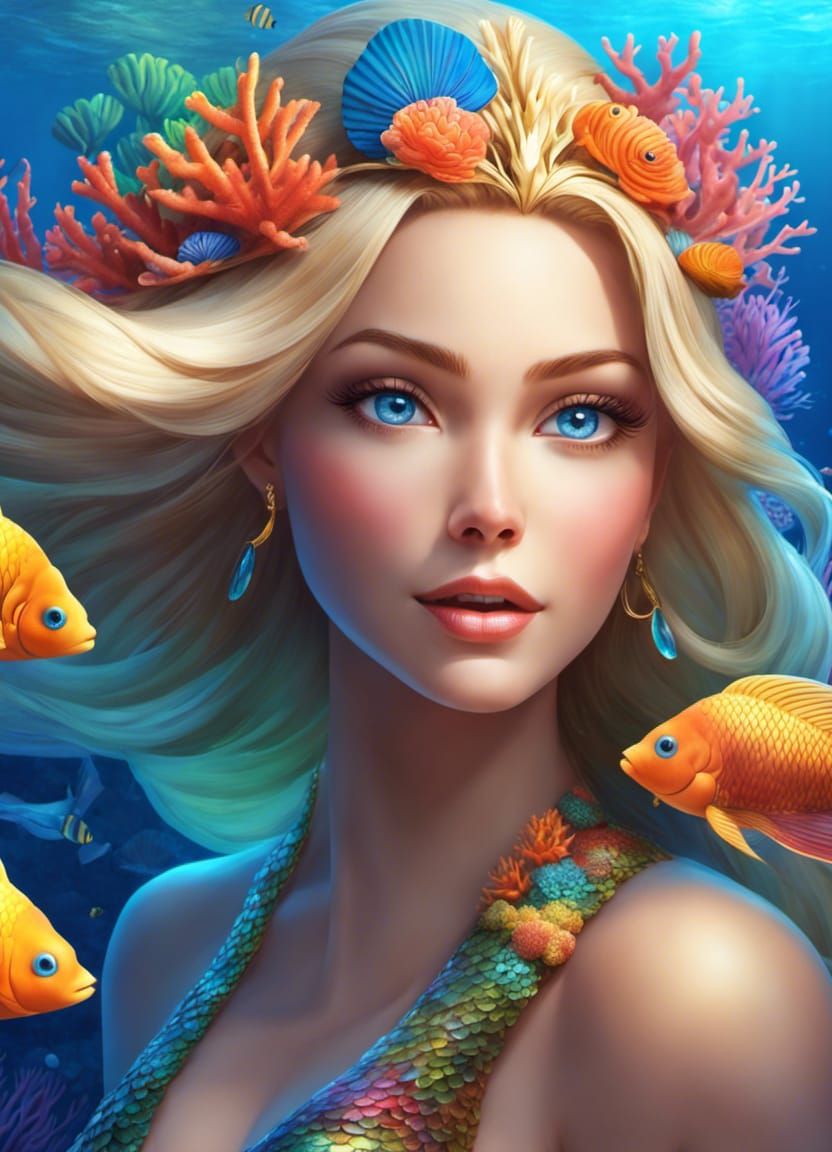 A very close portrait of a pretty mermaid and friendly fish - AI ...