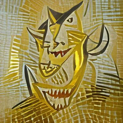 A portrait of a devil with sharp teeth by Picasso on gold background ...