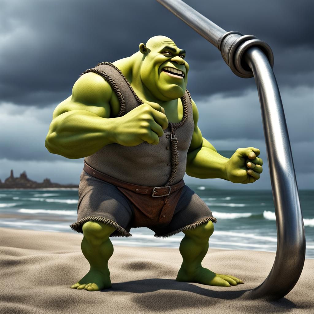 shrek with huge muscles bending a metal pipe at the beach - AI ...