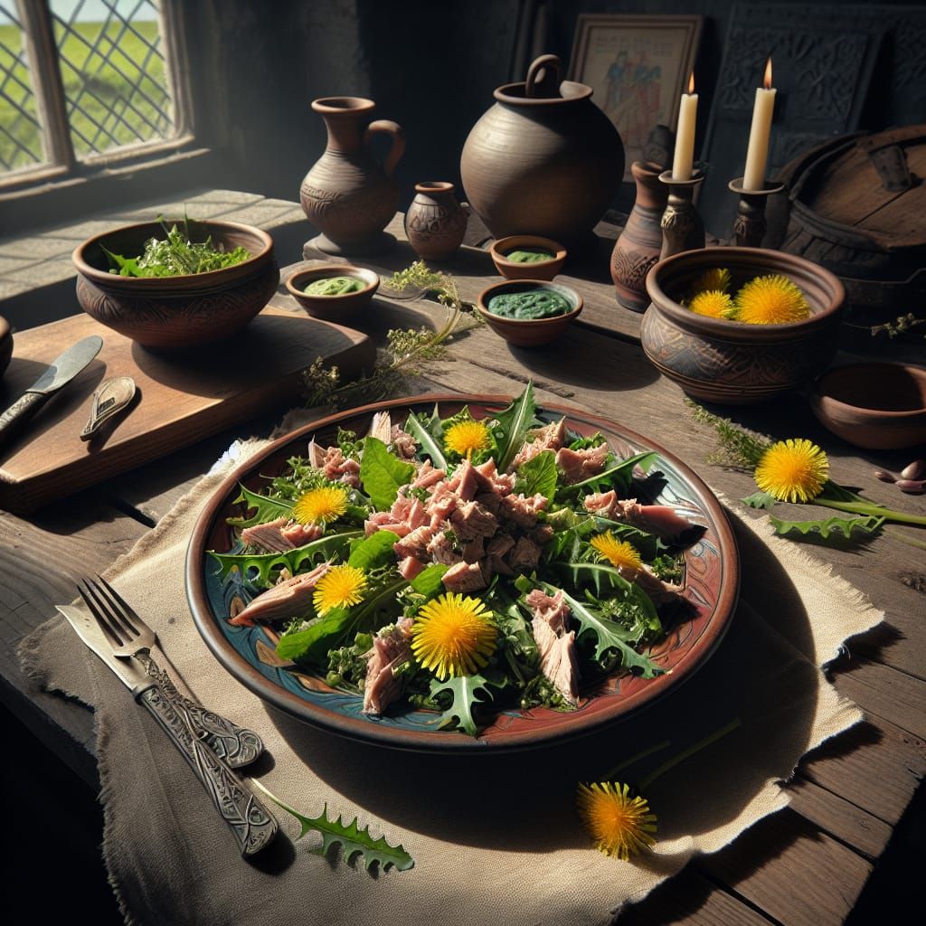 Tuna Salad with dandelion, medieval food - AI Art