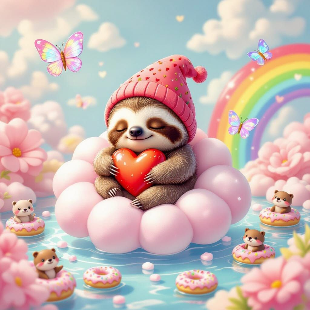 a tiny strawberry - Sloth Napping on Cloud with Rainbow Wate...